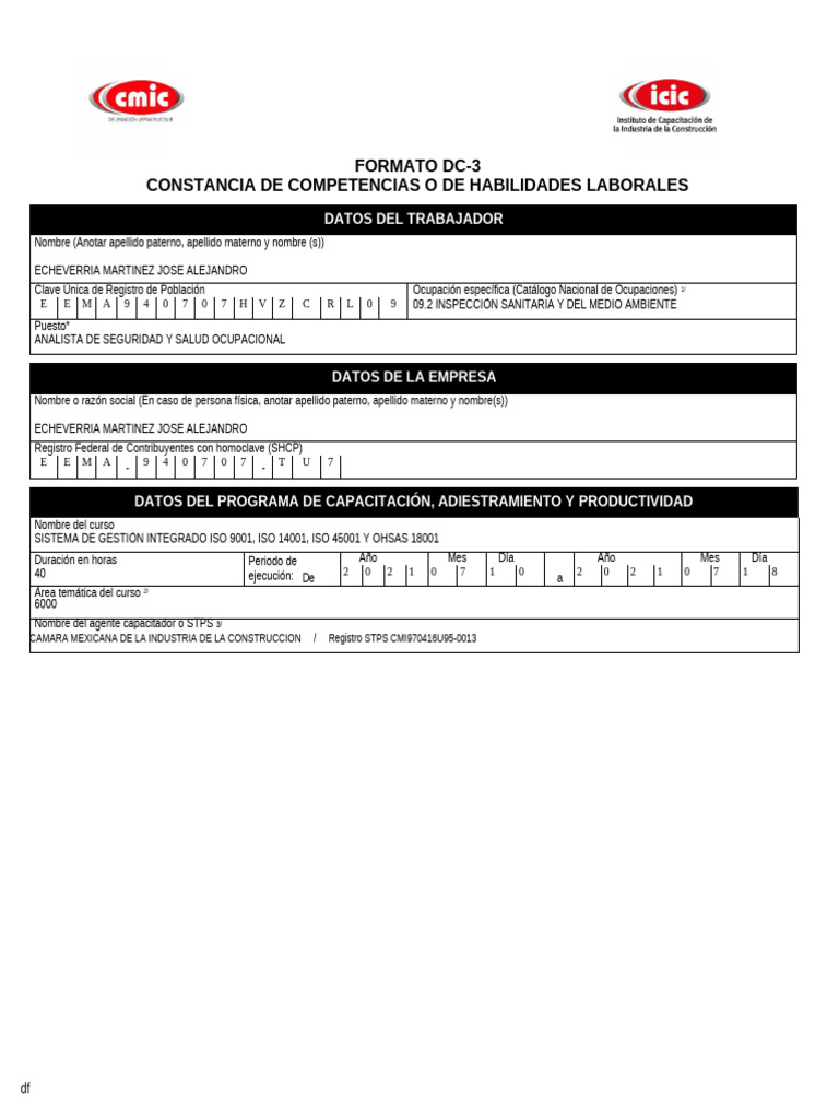 Formato DC 3 ISO | PDF