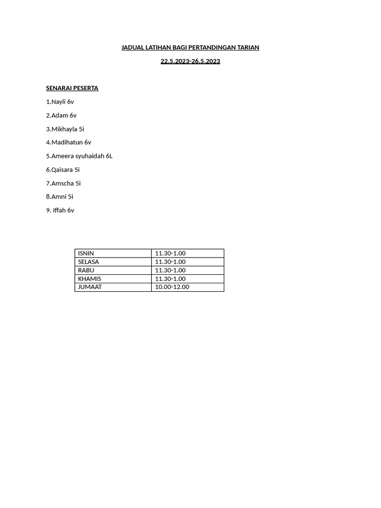 Jadual Latihan Bagi Pertandingan Tarian | PDF