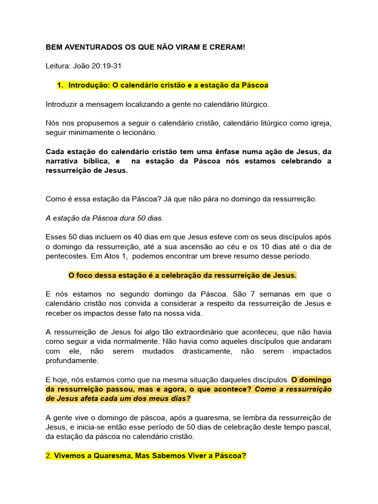 Bem-aventurados que creram sem ver | PDF | Páscoa | Ressurreição de Jesus