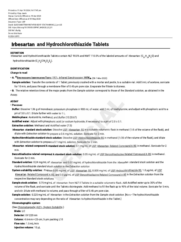 USP-NF Irbesartan and Hydrochlorothiazide Tablets | PDF
