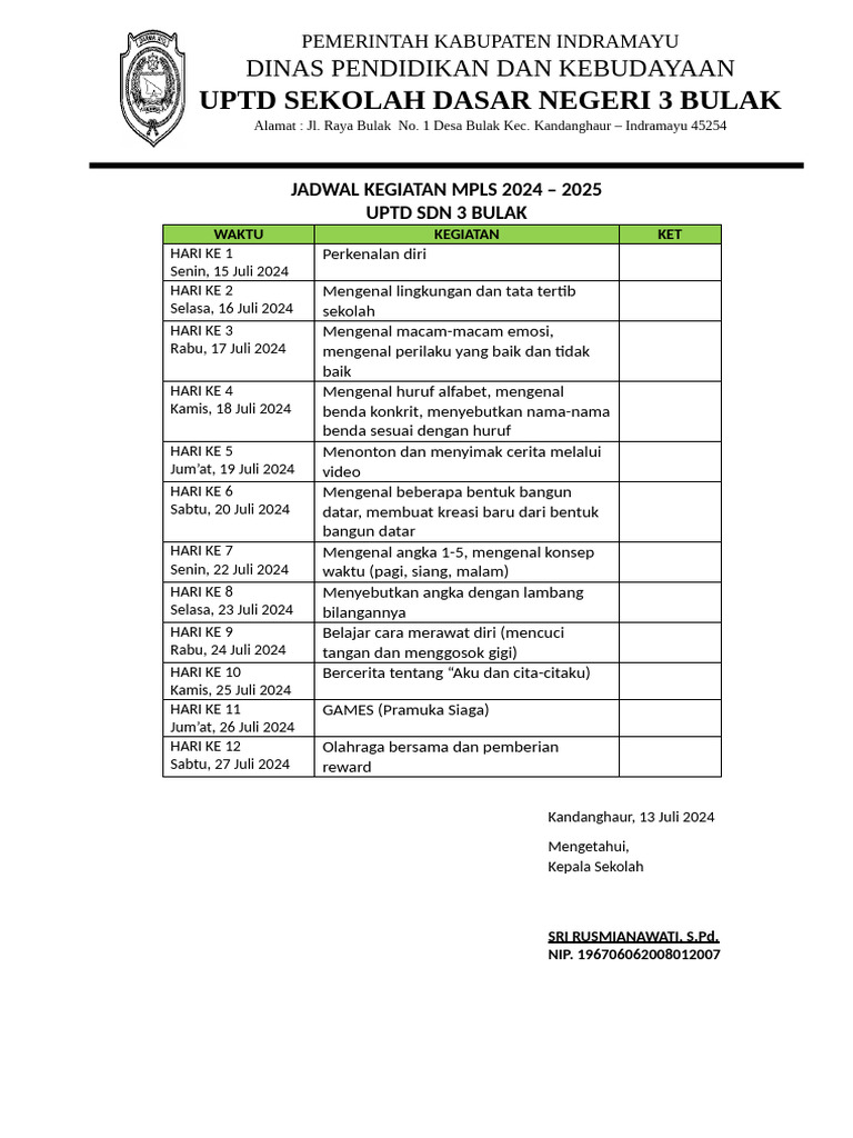 JADWAL KEGIATAN MPLS 2024 | PDF