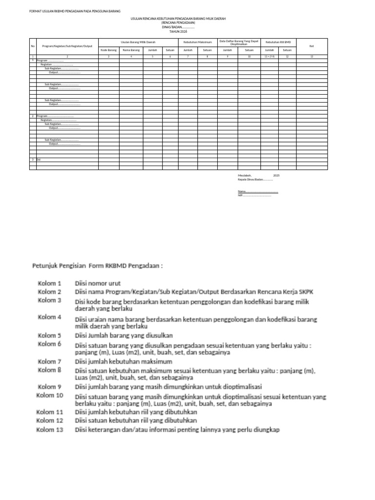 Form Dan Petunjuk Pengisian RKBMD TA 2026 | PDF