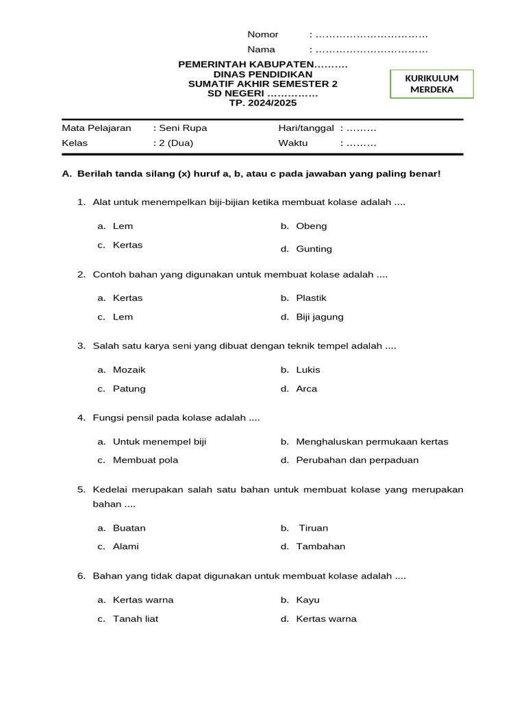 Naskah Soal SAS Seni Rupa Kls 2 | PDF