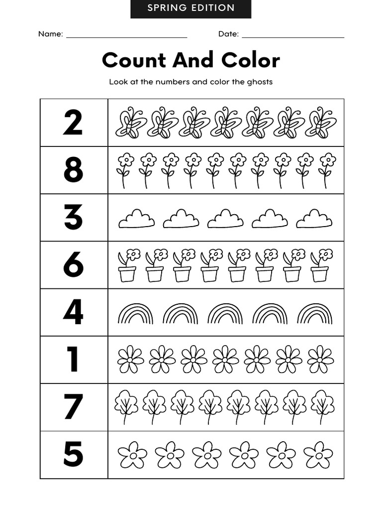 Spring Count and Color Math Worksheet in Monochromatic Minimalist Style ...