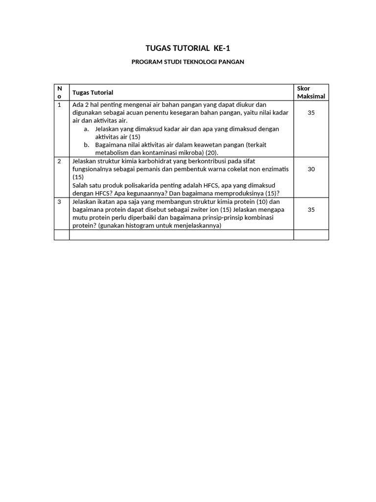 Tugas 1 Tuton Kimia Pangan PANG4213 | PDF