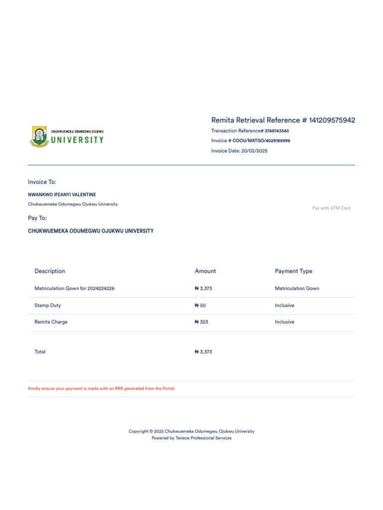 COOU Matriculation Gown Payment Invoice | PDF
