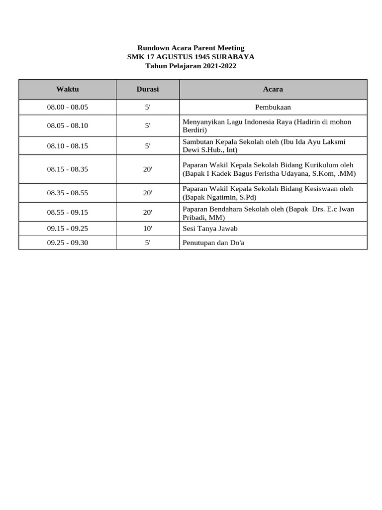 Rundown Acara Parent Meeting | PDF