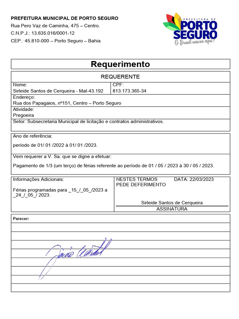 Requerimentos de Férias Porto Seguro | PDF
