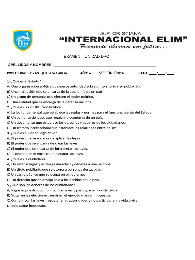 Examen II Unidad Dpcc 4 Secundaria | PDF