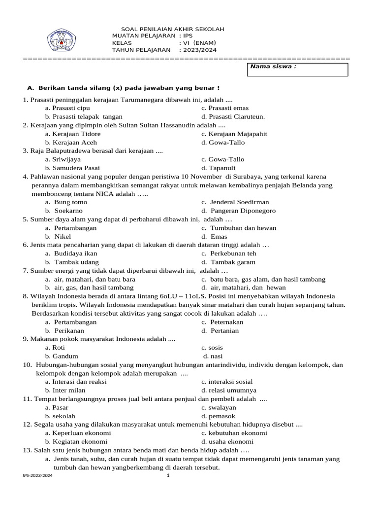 Soal Pas Ips KLS 6 2024 | PDF