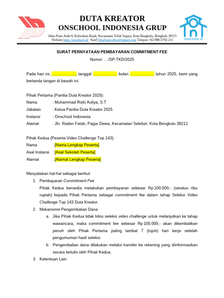 Surat Pernyataan Pembayaran Commitment Fee | PDF