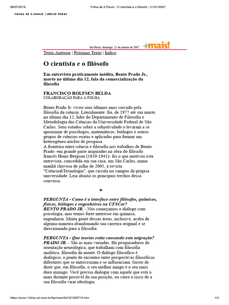 2007 - Bento Prado Jr. - Entrevista - O cientista e o filósofo | PDF ...