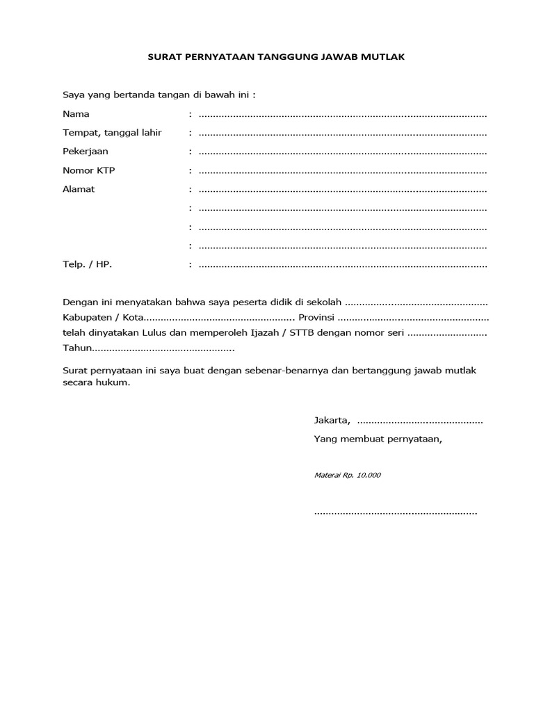 Surat Pernyataan Tanggung Jawab Mutlak | PDF