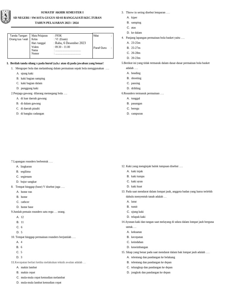 SOAL_PAS_1_KELAS_6_PJOK revisi | PDF