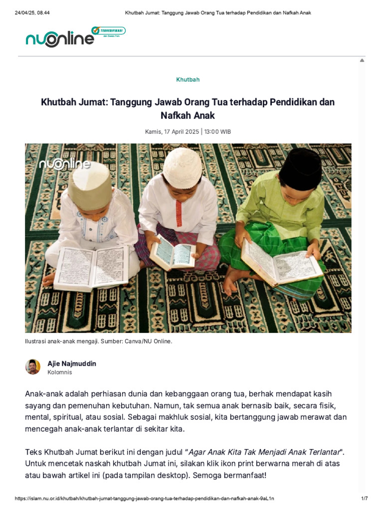Khutbah Jumat - Tanggung Jawab Orang Tua Terhadap Pendidikan Dan Nafkah Anak | PDF