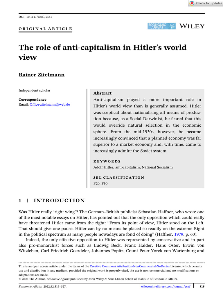 Economic Affairs 2022 - Zitelmann The Role of Anti Capitalism in Hitler ...
