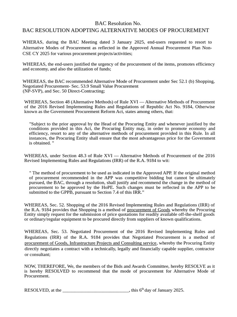 BAC Resolution Resorting To Alternative Mode of Procurement | PDF | Procurement | Business