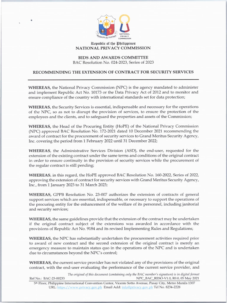 Extension of Contract For Security Services Apr To Jun | PDF