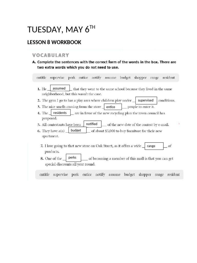Tuesday May 6TH Workbook 8 Exercises Finished Homework | PDF