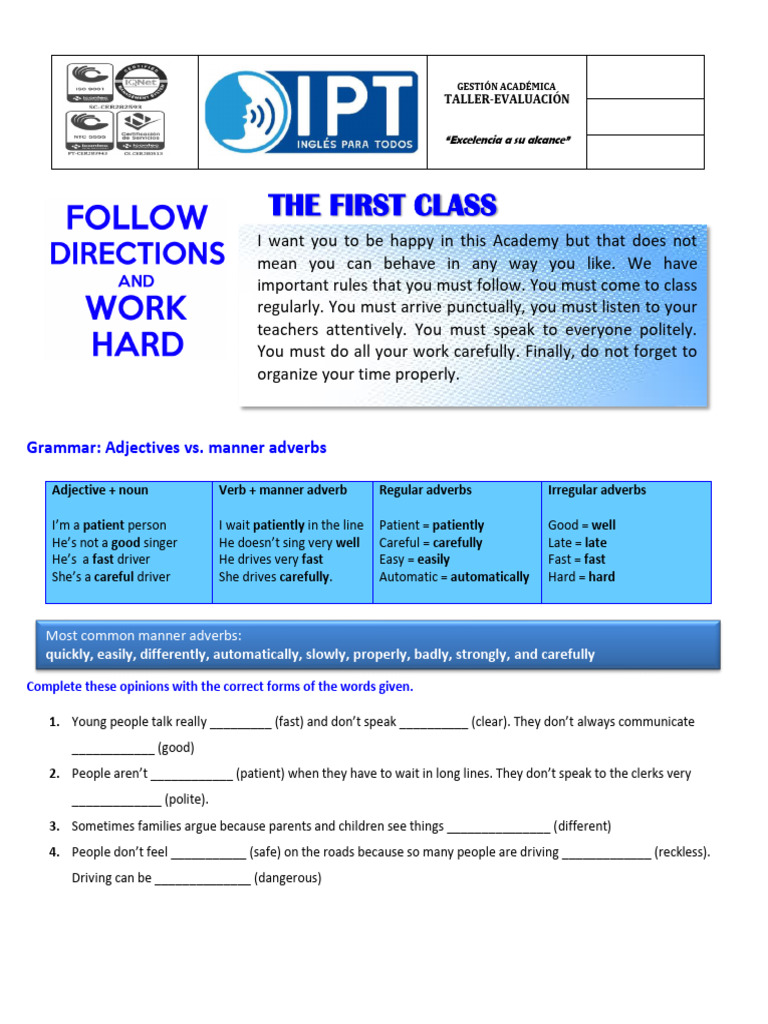 UNIT 2 - Adjectives vs. Manner Adverbs | PDF | Adverb | Adjective