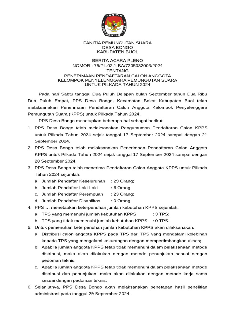 0 Berita Acara PPS Penerimaan Pendaftaran KPPS | PDF