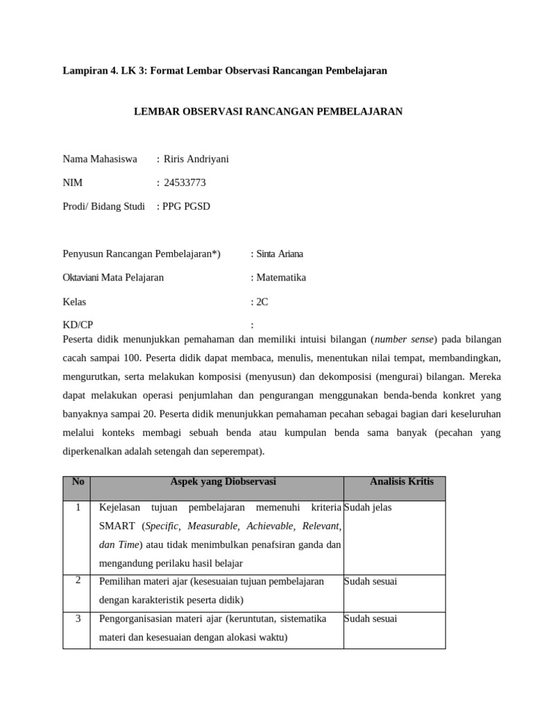 01.05.6-B4-4 Unggah LK 3 - Lembar Observasi rancangan dan perangkat pembelajaran - Siklus 1 | PDF