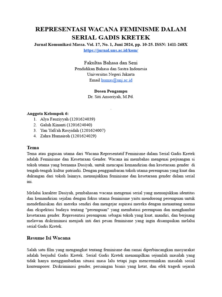 Representasi Wacana Feminisme Dalam Serial Gadis Kretek (1) | PDF