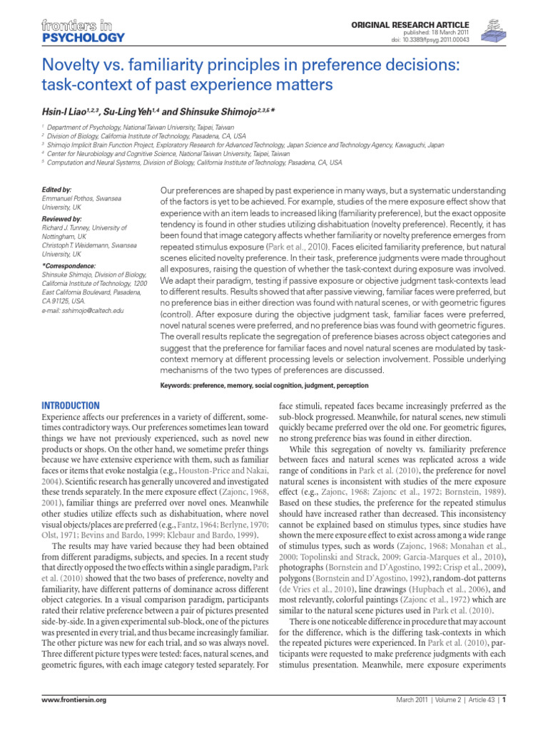 Novelty vs. Familiarity Principles in Preference Decisions | PDF ...