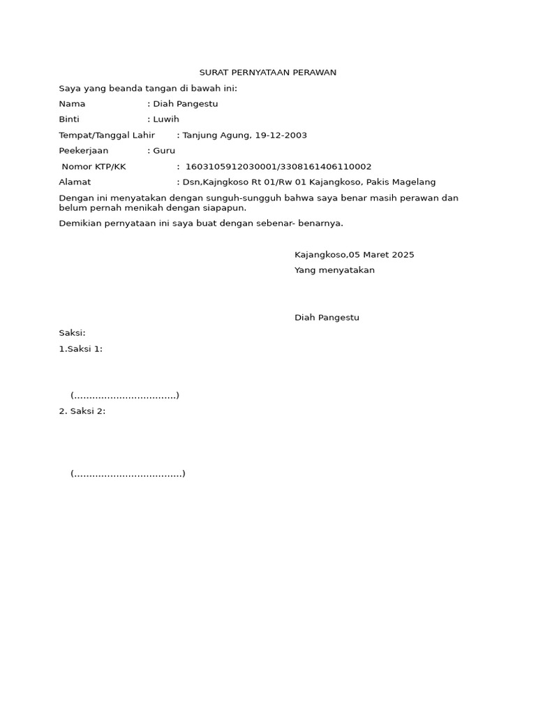 Surat Pernyataan Perawan | PDF