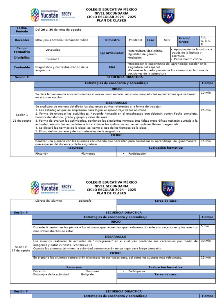 Plan de Clases Español 2 Secundaria 2024-2025 | PDF | Enseñando ...