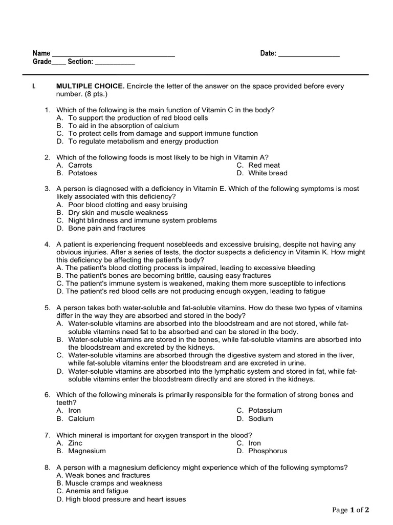 Vitamins and Minerals Quiz Guide | PDF | Vitamin | Potassium