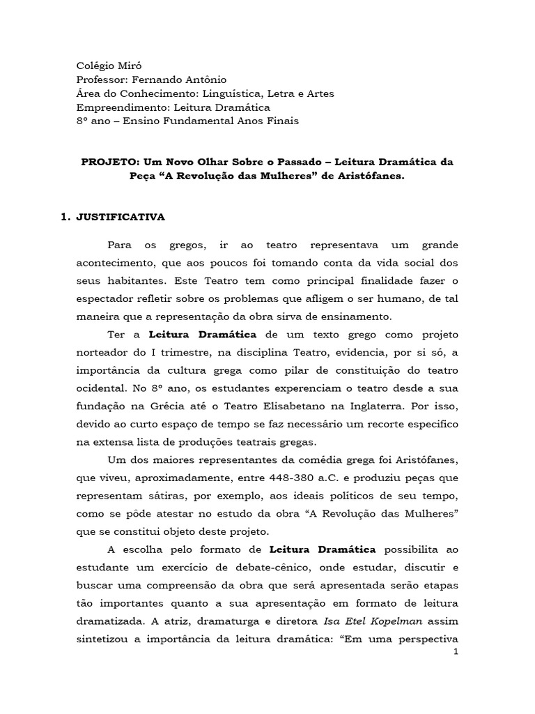 Leitura Dramática de Aristófanes | PDF | Teatro | Aprendizado