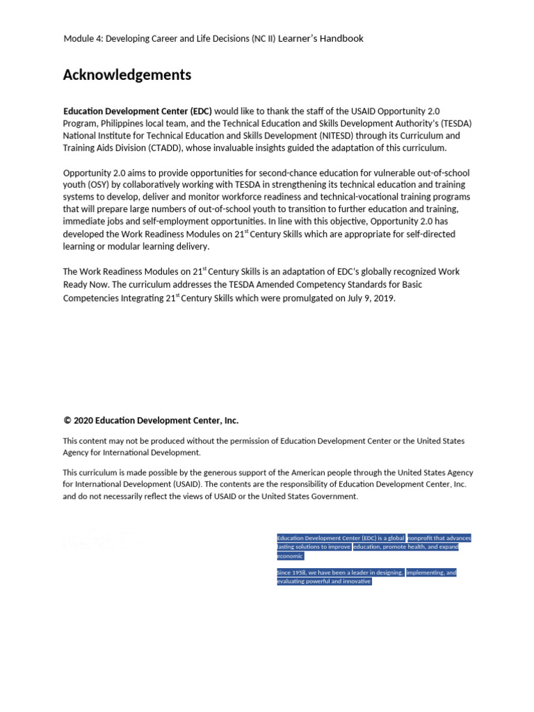 Module 4 - NC II - Developing Career and Life Decisions | PDF | Thought ...