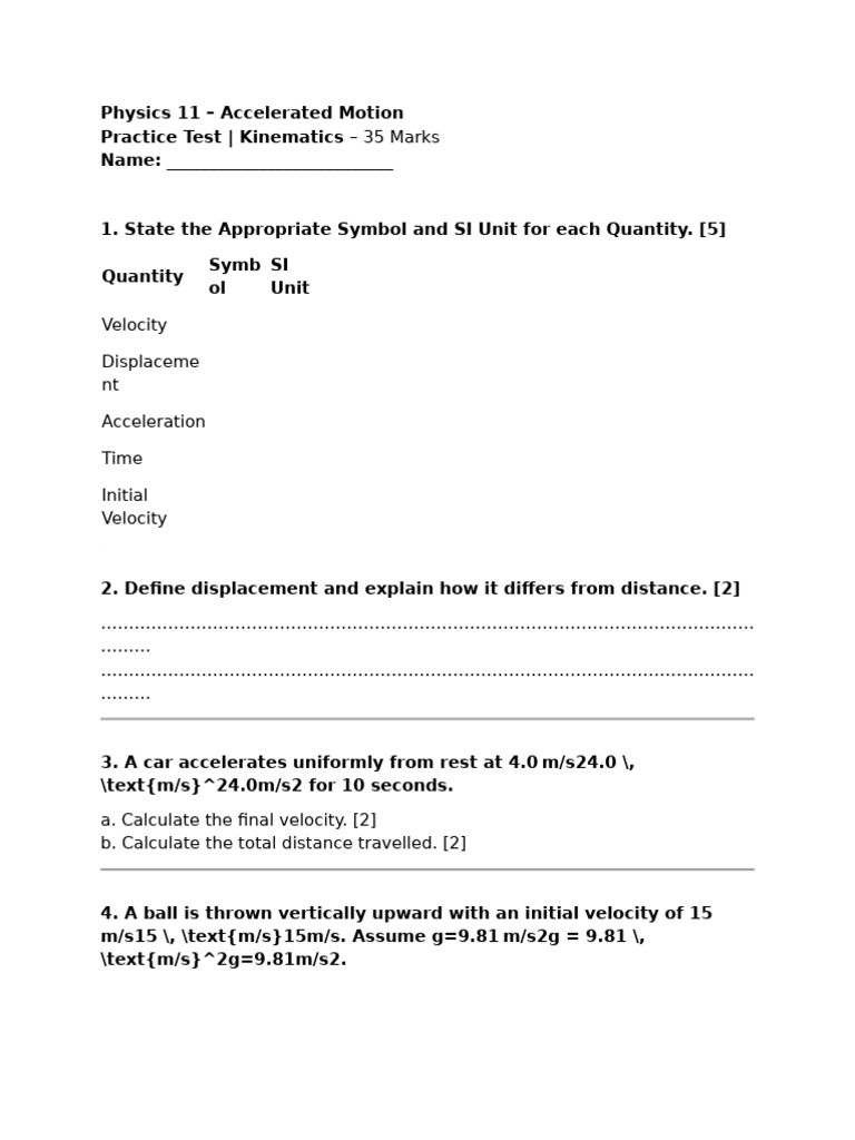 Practice Test Kinematics Suvat | PDF