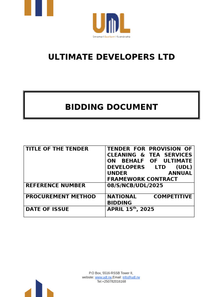 Tender For Provision of Cleaning Tea Services On Behalf of Ultimate Developers LTD (Udl) Under ...