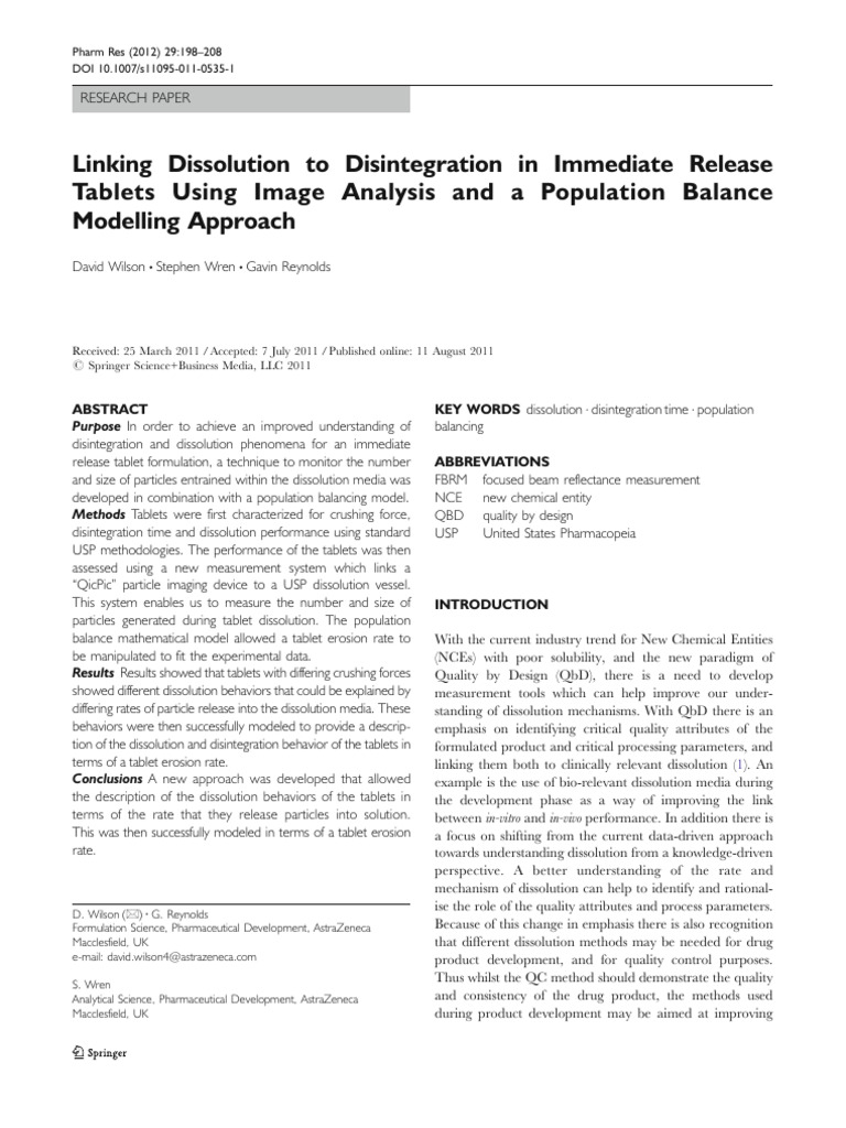 Linking Dissolution To Disintegration in Immediate Release Tablets ...