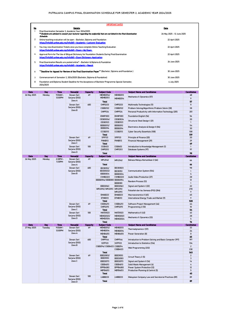 2025 Final Exam Schedule Overview | PDF | Mathematics | Computer ...