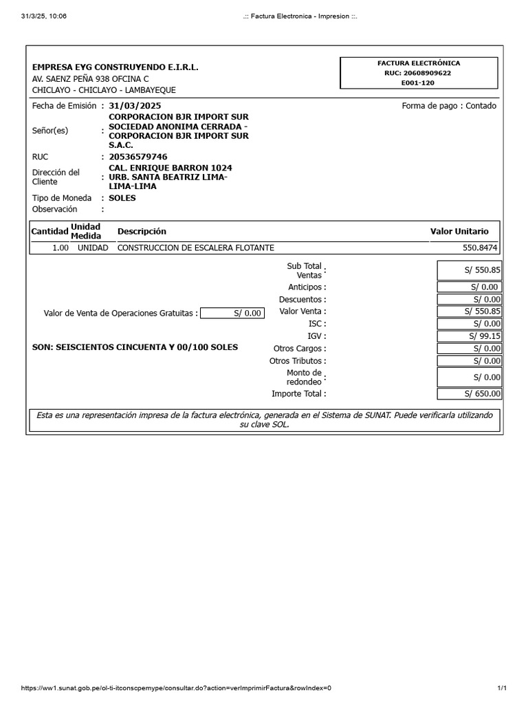 Factura Electrónica BJR Import Sur S.A.C. | PDF | Pagos | Servicios ...