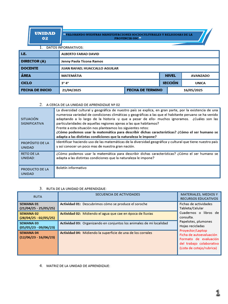1º Unidad 2 Mat -2023 | PDF | Aprendizaje | Enseñando