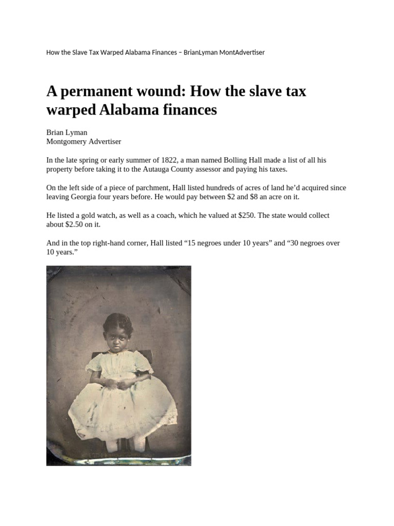 Slave Tax's Impact on Alabama Finances | PDF | Taxes | Slavery In The ...