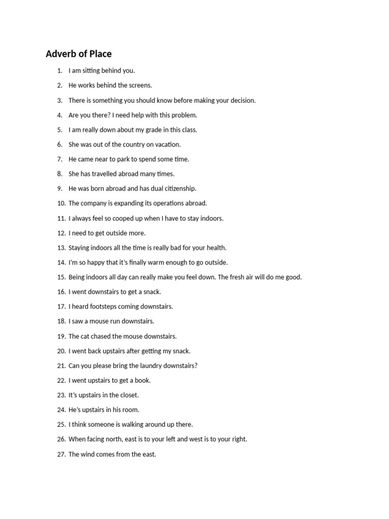 Adverb of Place Examples | PDF