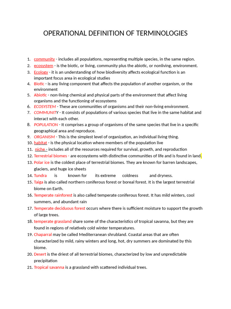 Operational Definition of Terminologies | PDF | Forests | Ecosystem