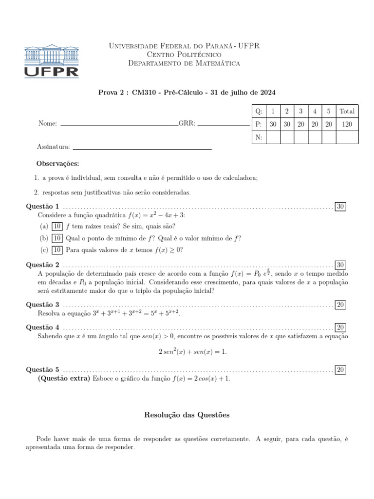 Prova_Pre_Calculo_P2 (1)_3567da59175000e947622f49979f0608 | PDF | Matemática