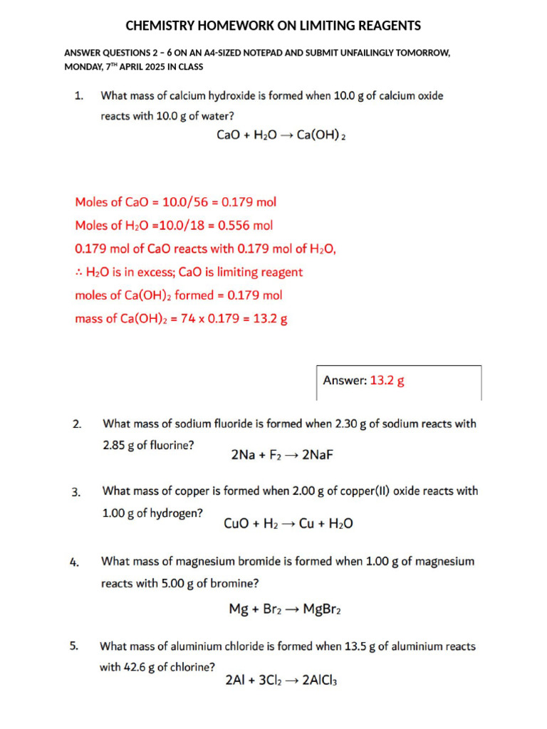 Chemistry Homework On Limiting Reagents | PDF