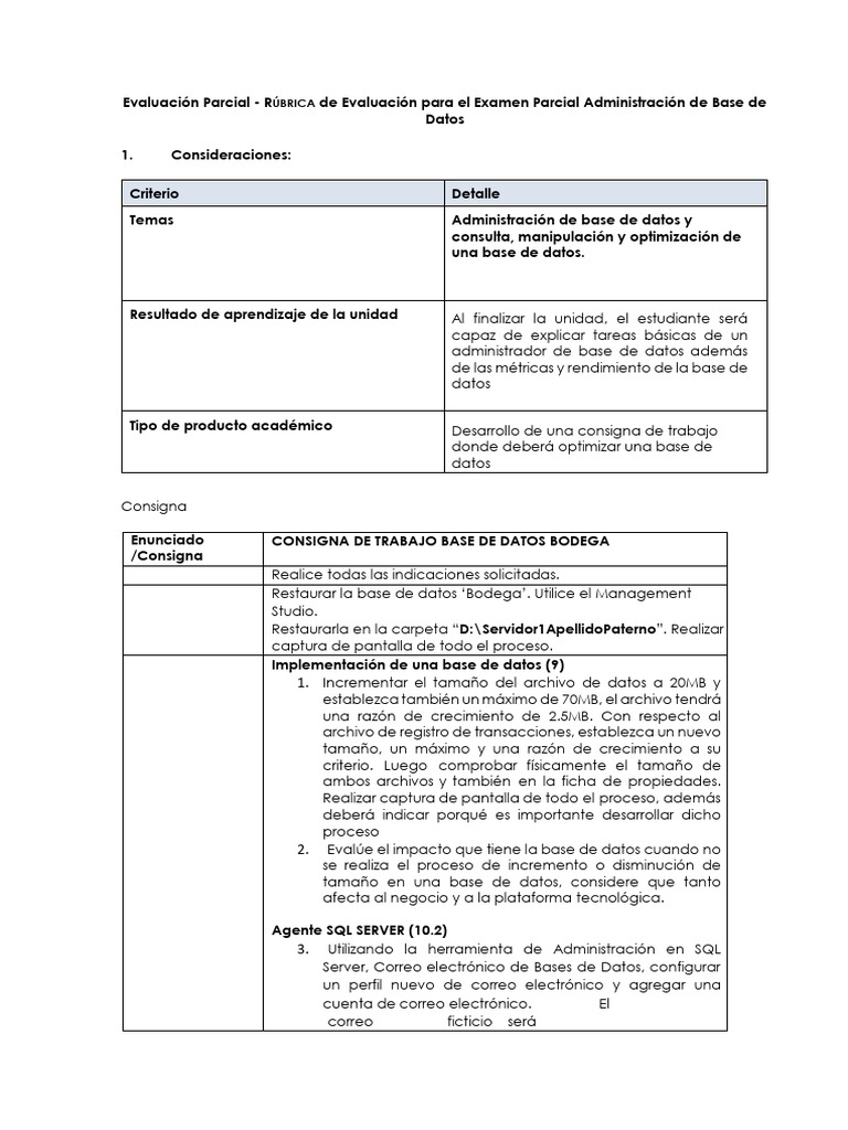 Evaluación Parcial - Consigna y Rúbrica | PDF | Bases de datos | Servidor SQL de Microsoft