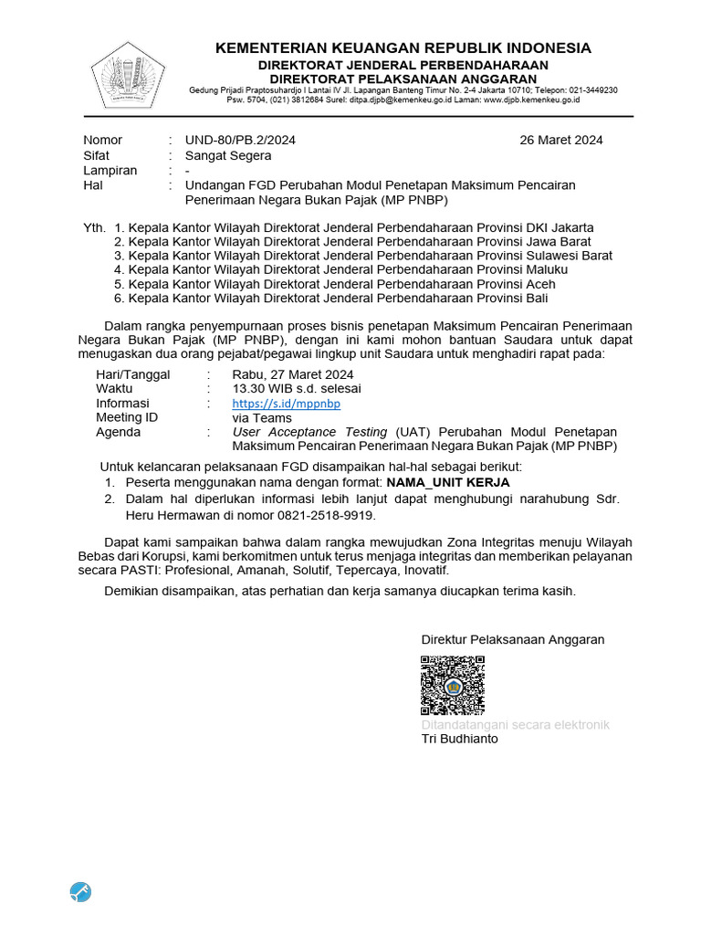 Undangan FGD Perubahan Modul Penetapan Maksimum Pencairan Penerimaan Negara Bukan Pajak (MP PNBP ...