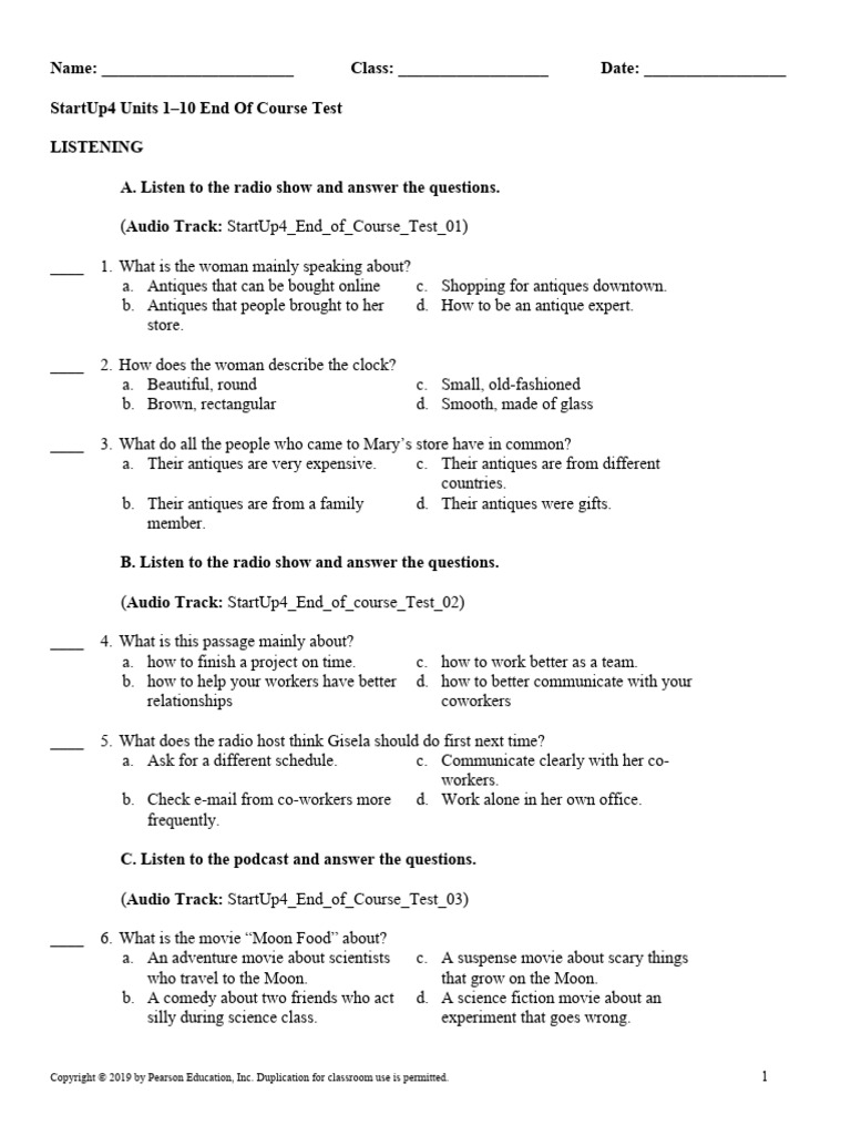 StartUp4 End of Course Listening Test | PDF | Verb