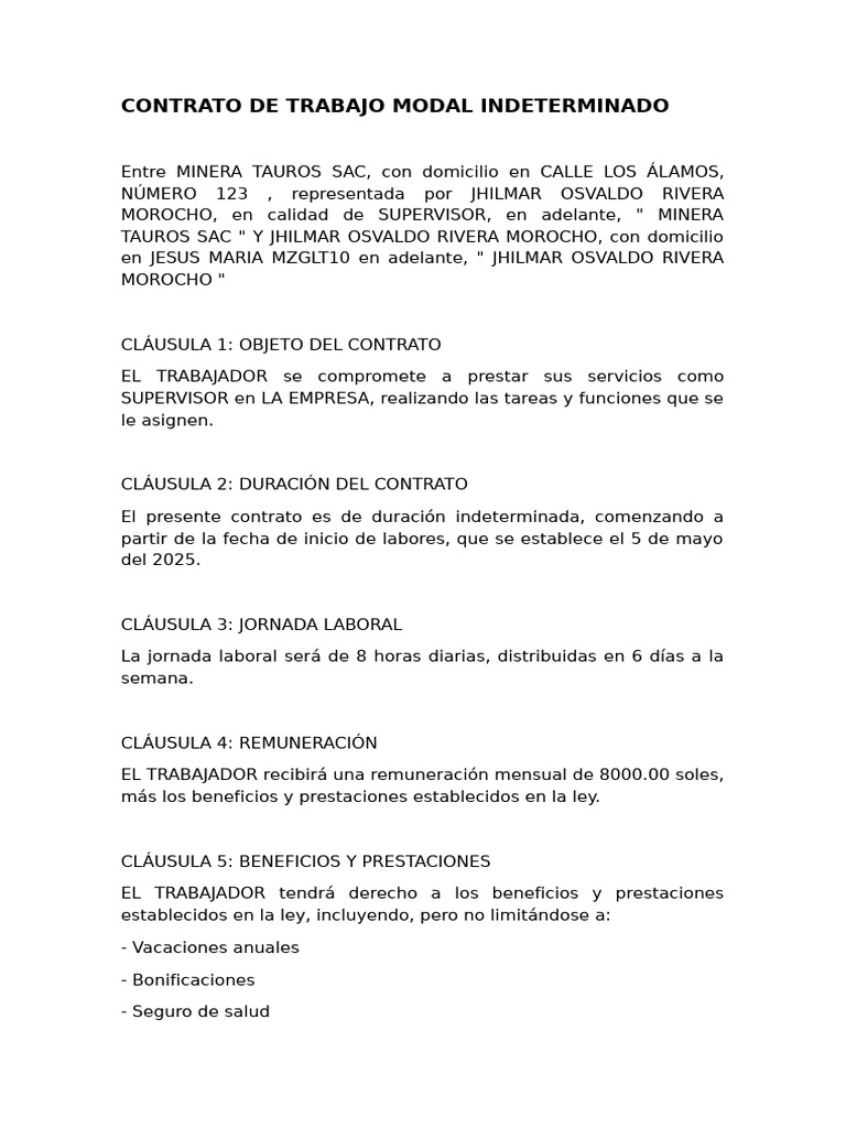 Contrato de Trabajo Indeterminado Supervisor | PDF