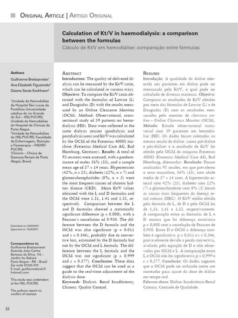 Calculation of KTV in HD | PDF | Medicine | Nephrology