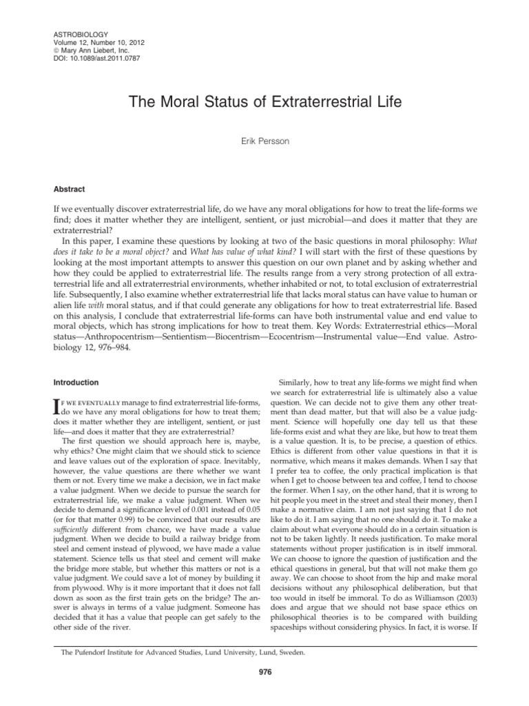 The Moral Status of Extraterrestrial Life | PDF | Extraterrestrial Life ...